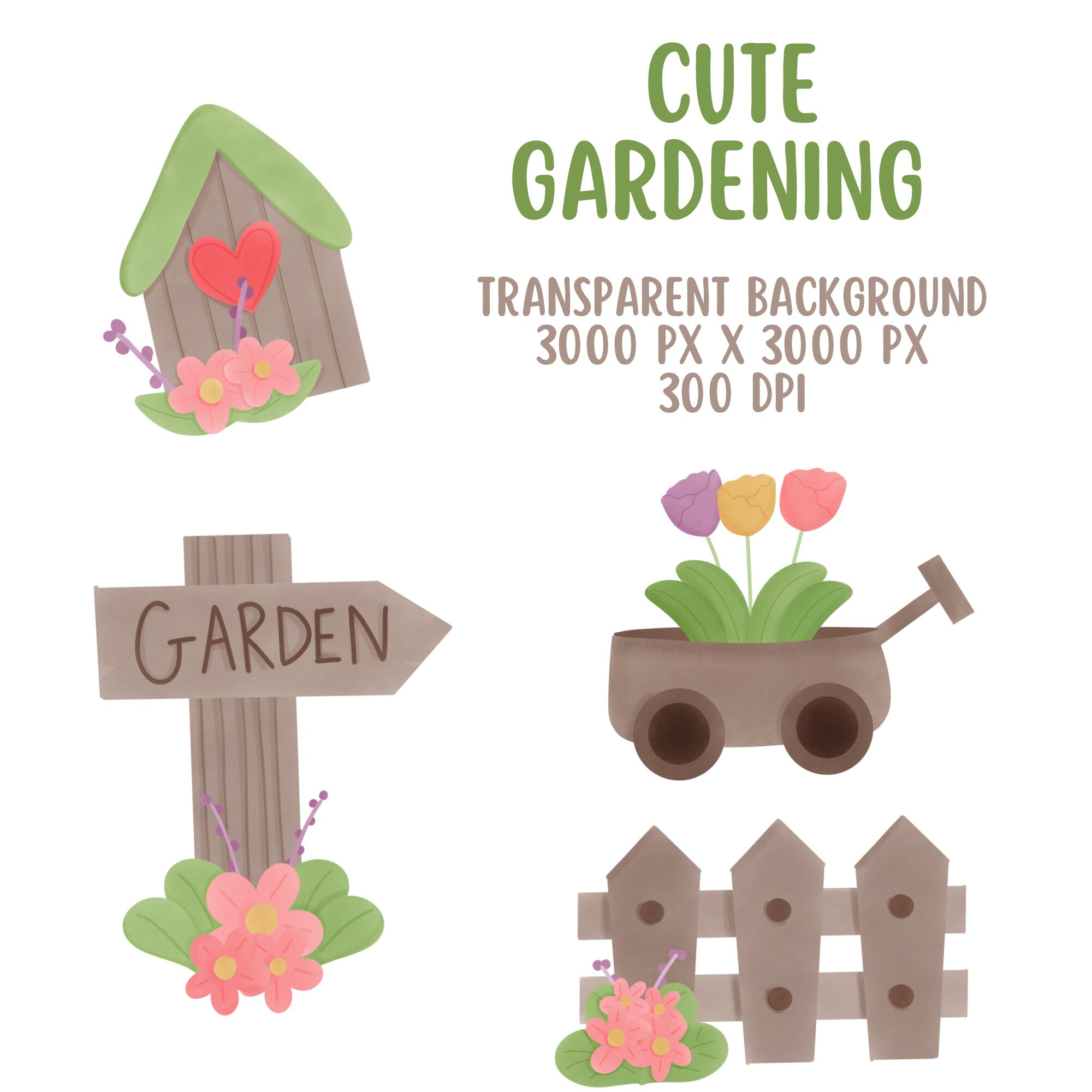 Gardening Clipart Set, Watercolor Garden, Garden Tools, Shovels, Flower ...