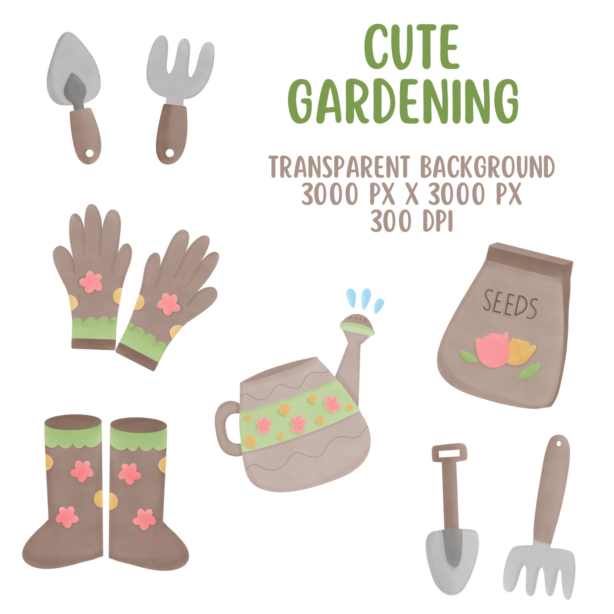 Gardening Clipart Set, Watercolor Garden, Garden Tools, Shovels, Flower ...