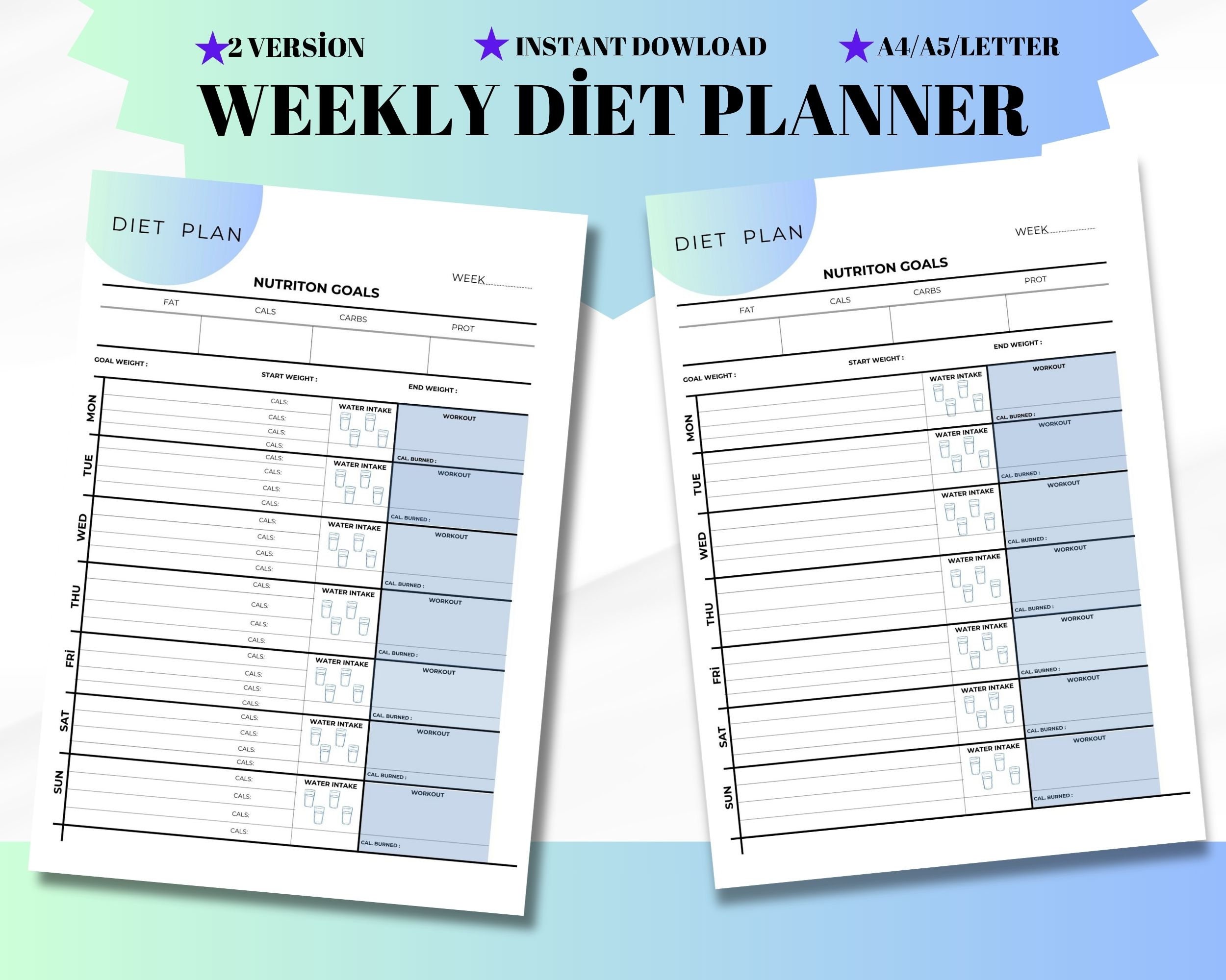 Weekly Diet Planner Printable, Weekly Meal Planner, Health & Fitness ...
