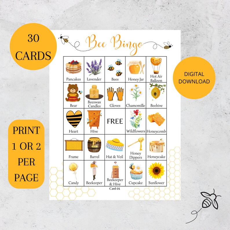 Bee Bingo, Printable 30 Bee Bingo Game Cards, Garden Party Bingo, Bee ...