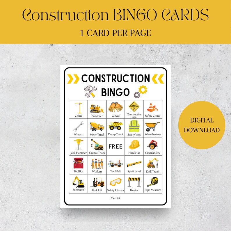 Construction Bingo, 30 Construction Bingo Cards, Construction Birthday ...