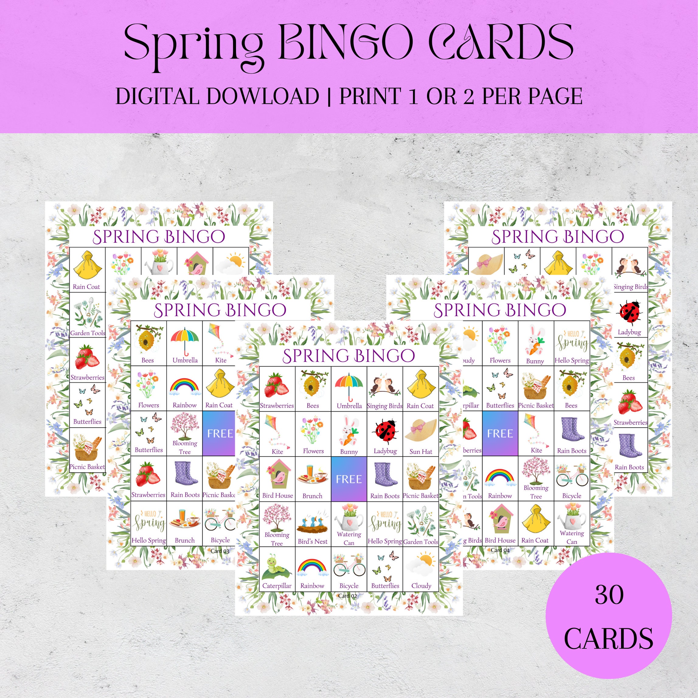Printable Spring Bingo, 30 Spring Bingo Cards, Spring Bingo Kids ...