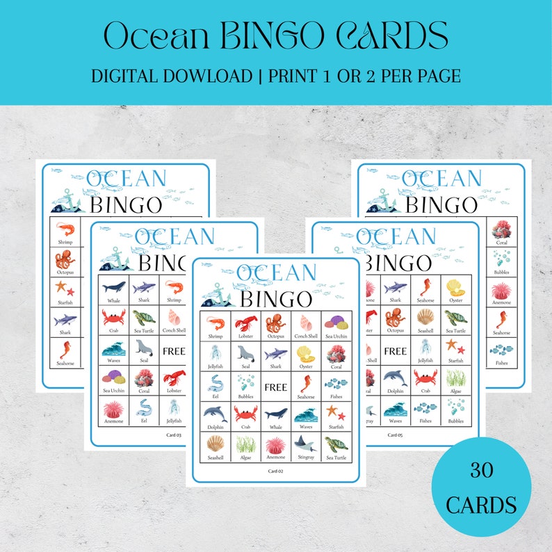 Ocean Bingo, Under the Sea Bingo, 30 Printable Ocean Bingo Cards, Ocean ...