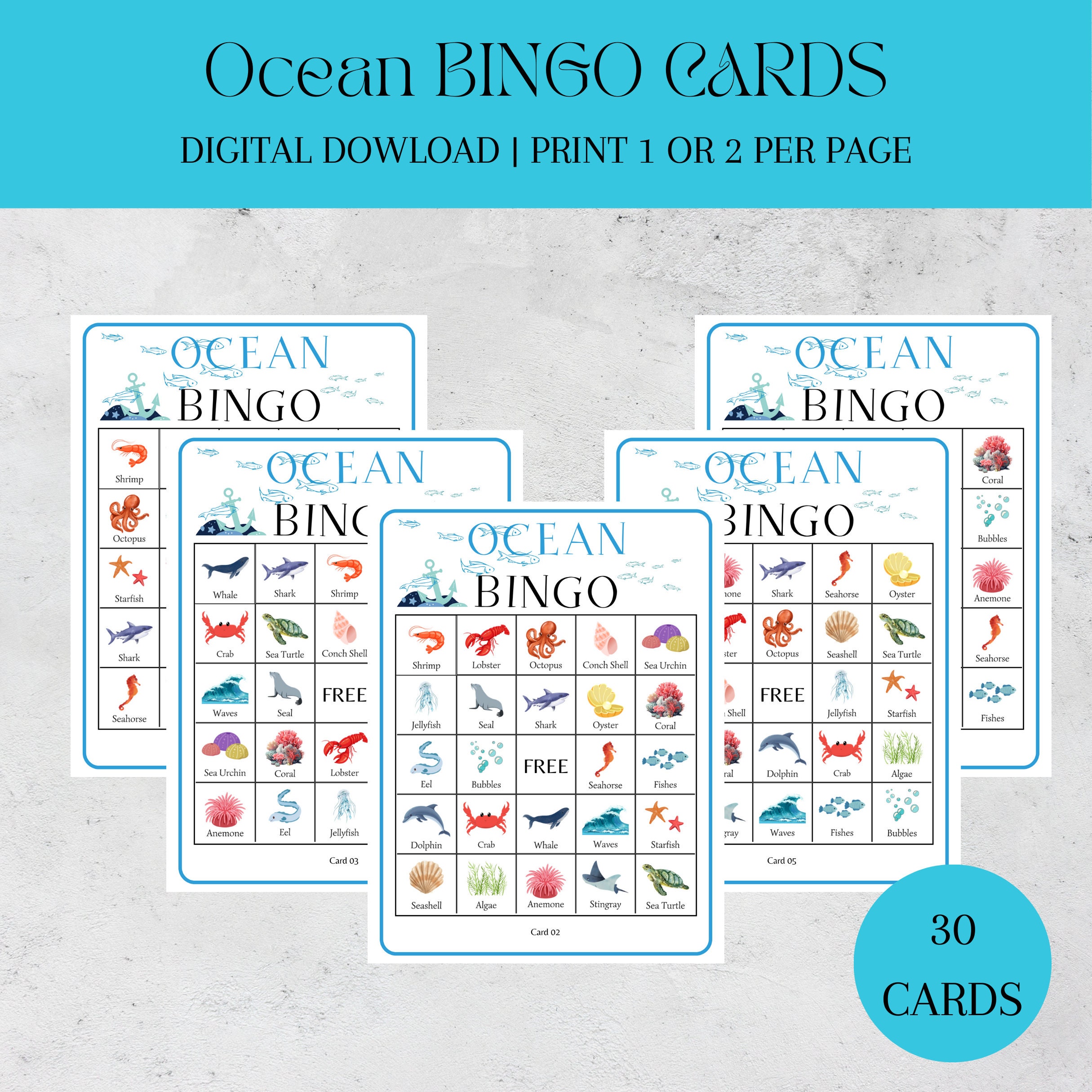 Ocean Bingo, Under the Sea Bingo, 30 Printable Ocean Bingo Cards, Ocean ...