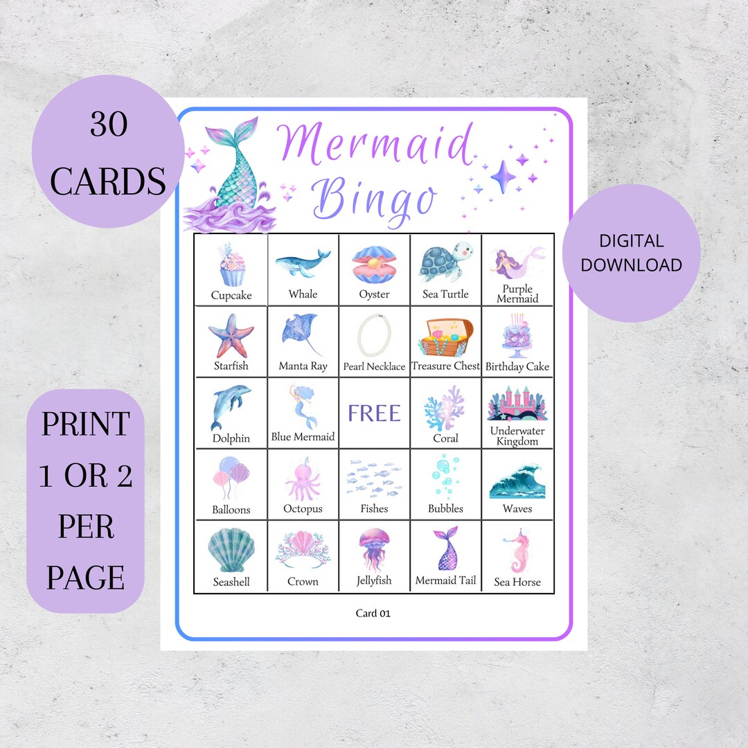 Mermaid Bingo, 30 Printable Mermaid Bingo Cards, Under the Sea Bingo ...