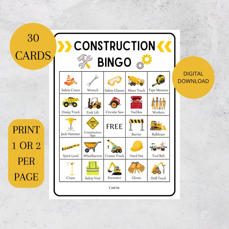 Construction Bingo, 30 Construction Bingo Cards, Construction Birthday ...