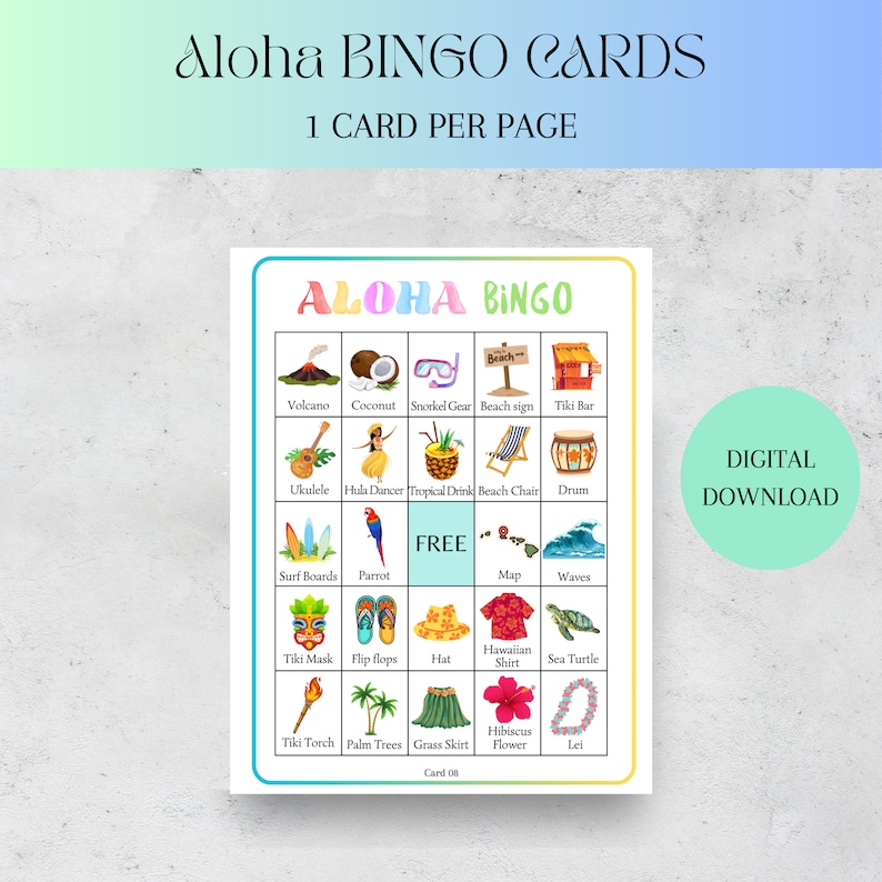 Aloha Bingo, Luau Bingo, Hawaiian Bingo, 30 Luau Bingo Cards, Luau ...
