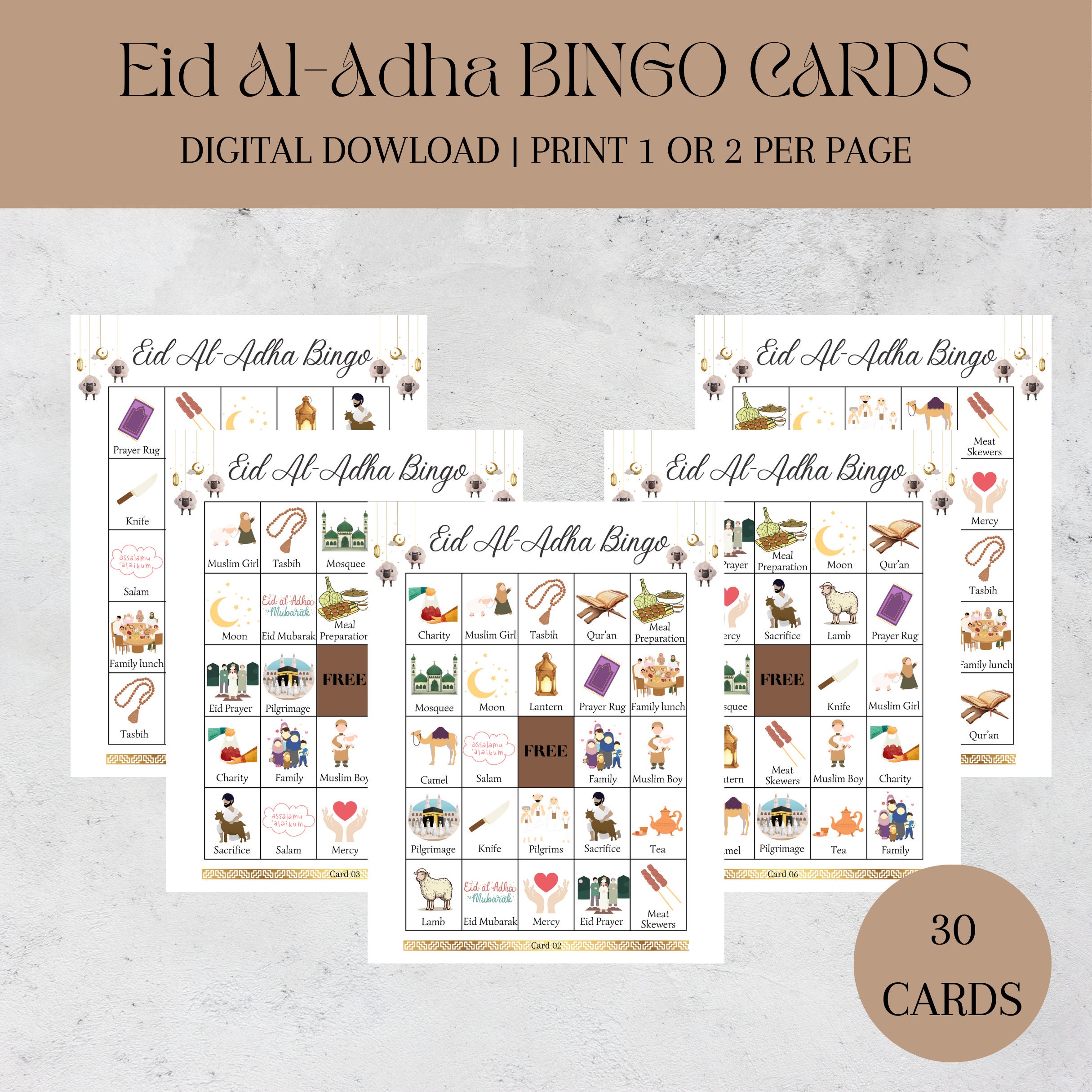 Eid Al-adha Bingo Cards, 30 Printable Bingo Cards, Printable Bingo, Eid ...