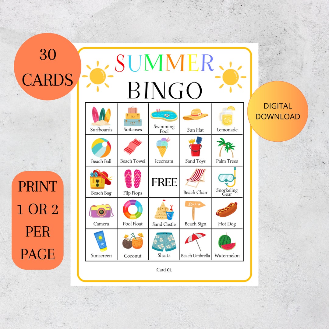 Summer Bingo, 30 Summer Bingo Cards, Summer Game, Summer Activities ...