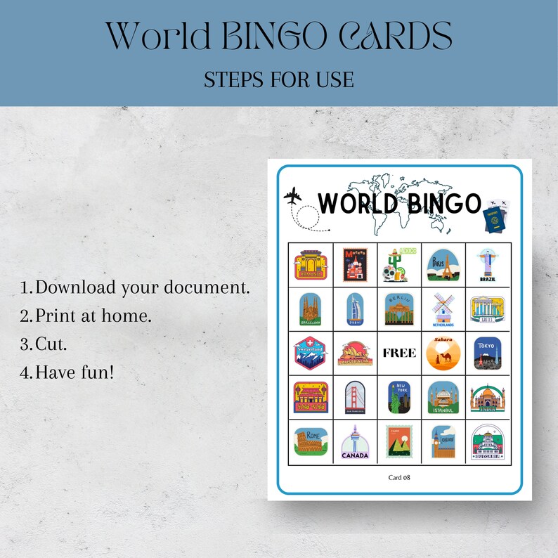 World Bingo, 30 World Bingo Cards, World Game, Travel Game, Travel ...