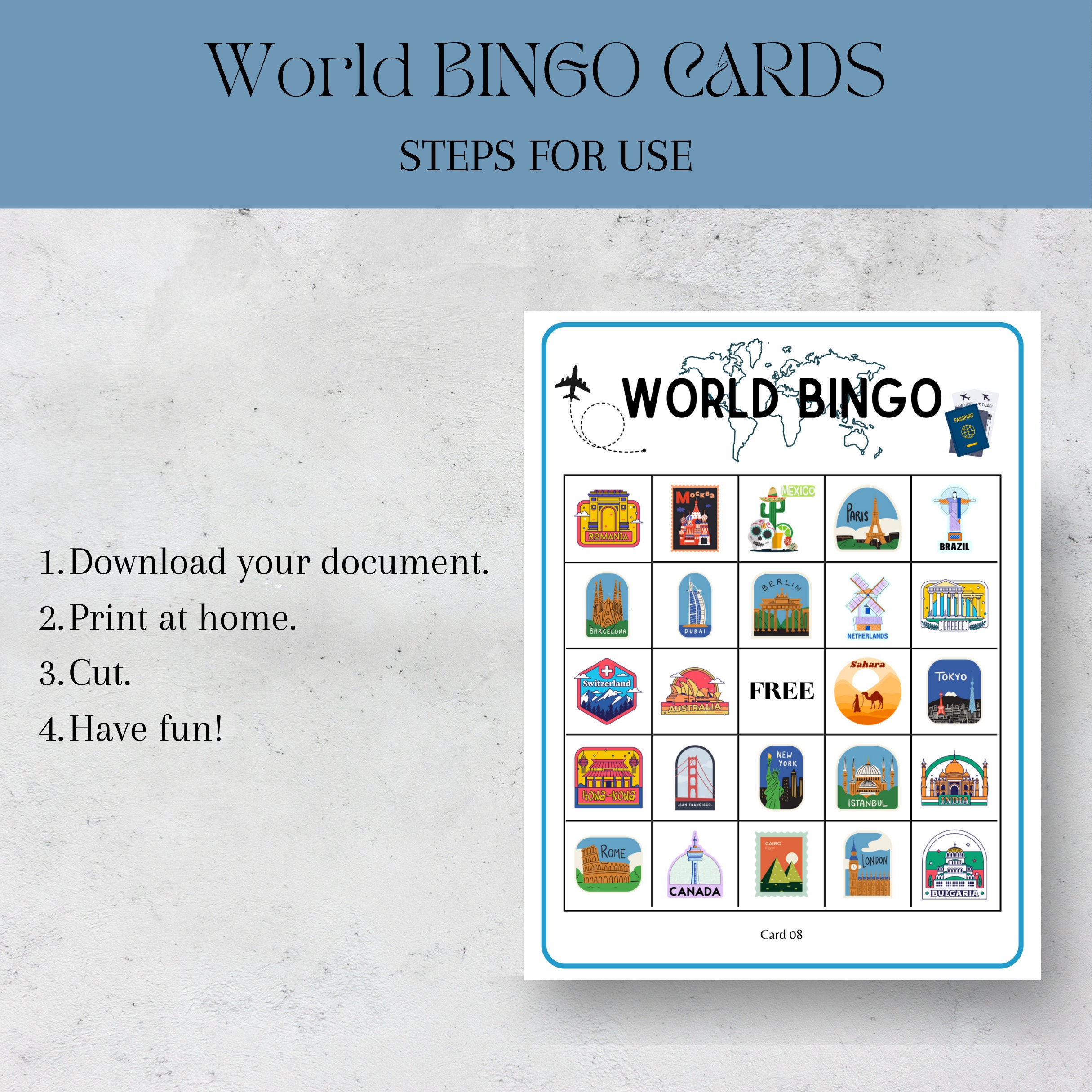 World Bingo, 30 World Bingo Cards, World Game, Travel Game, Travel ...
