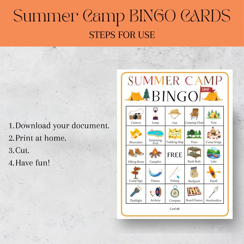 Summer Camp Bingo, 30 Summer Camp Bingo Cards, Summer Camp Game, Camp ...