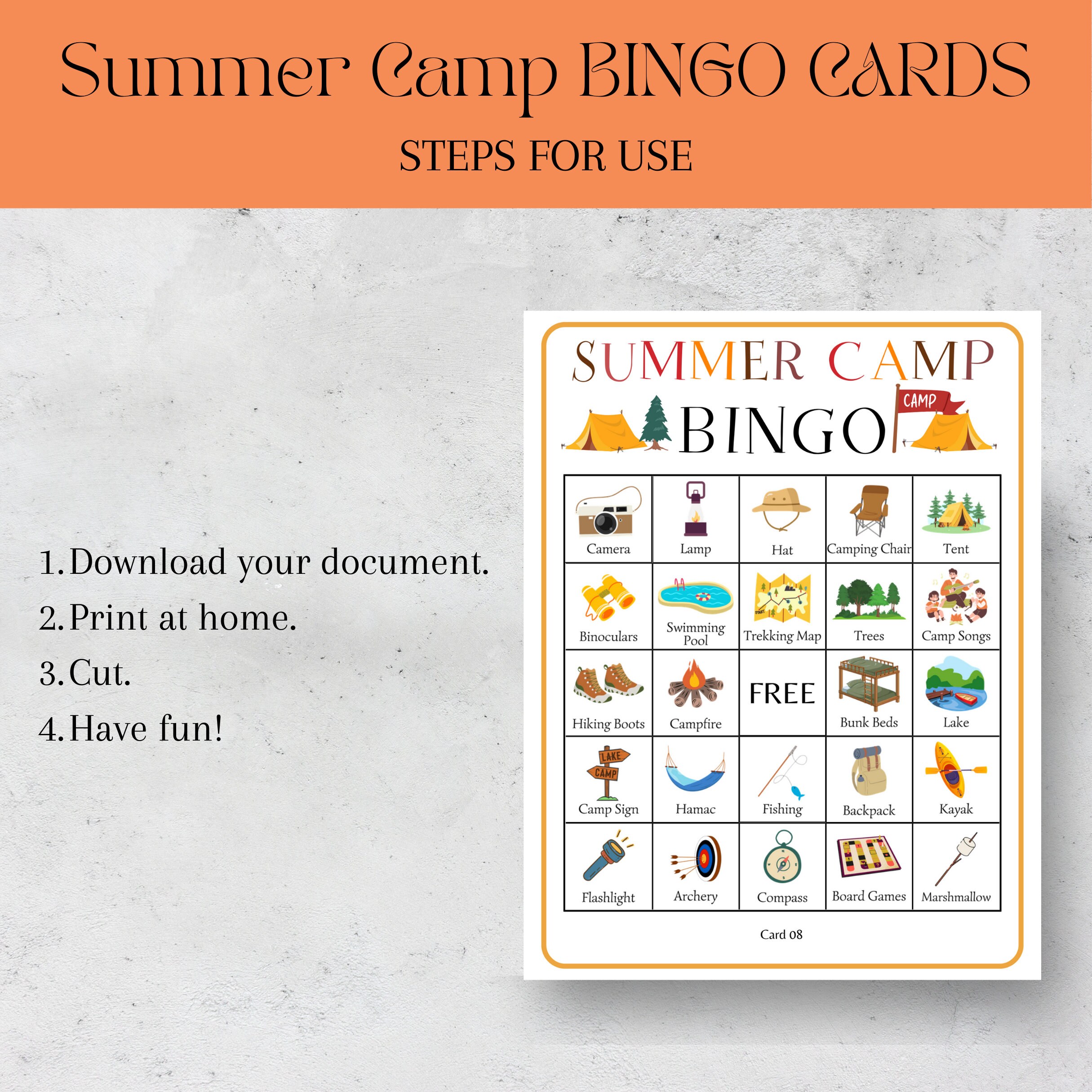 Summer Camp Bingo, 30 Summer Camp Bingo Cards, Summer Camp Game, Camp ...