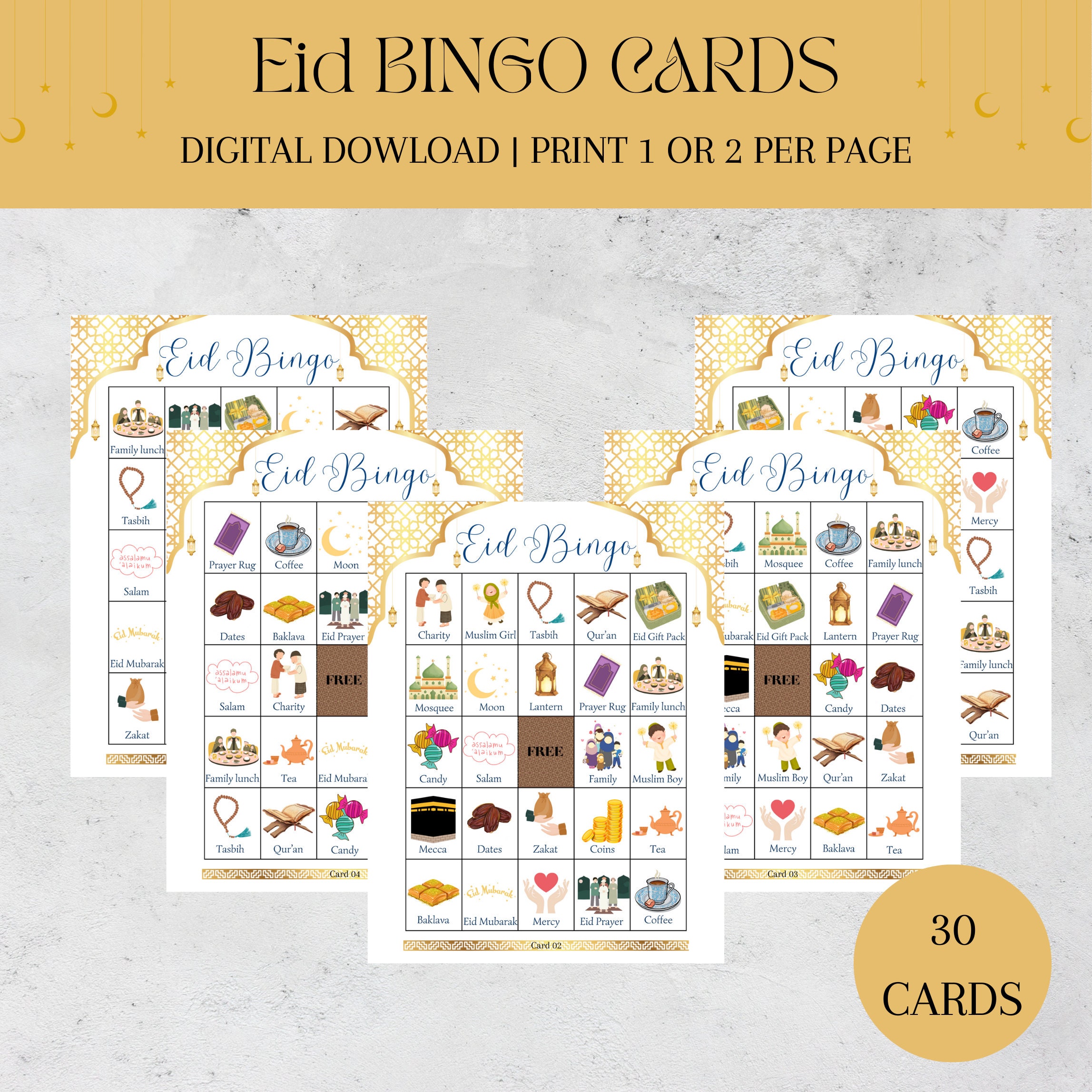 Eid Bingo Cards, 30 Printable Bingo Cards, Printable Bingo, Eid Bingo ...