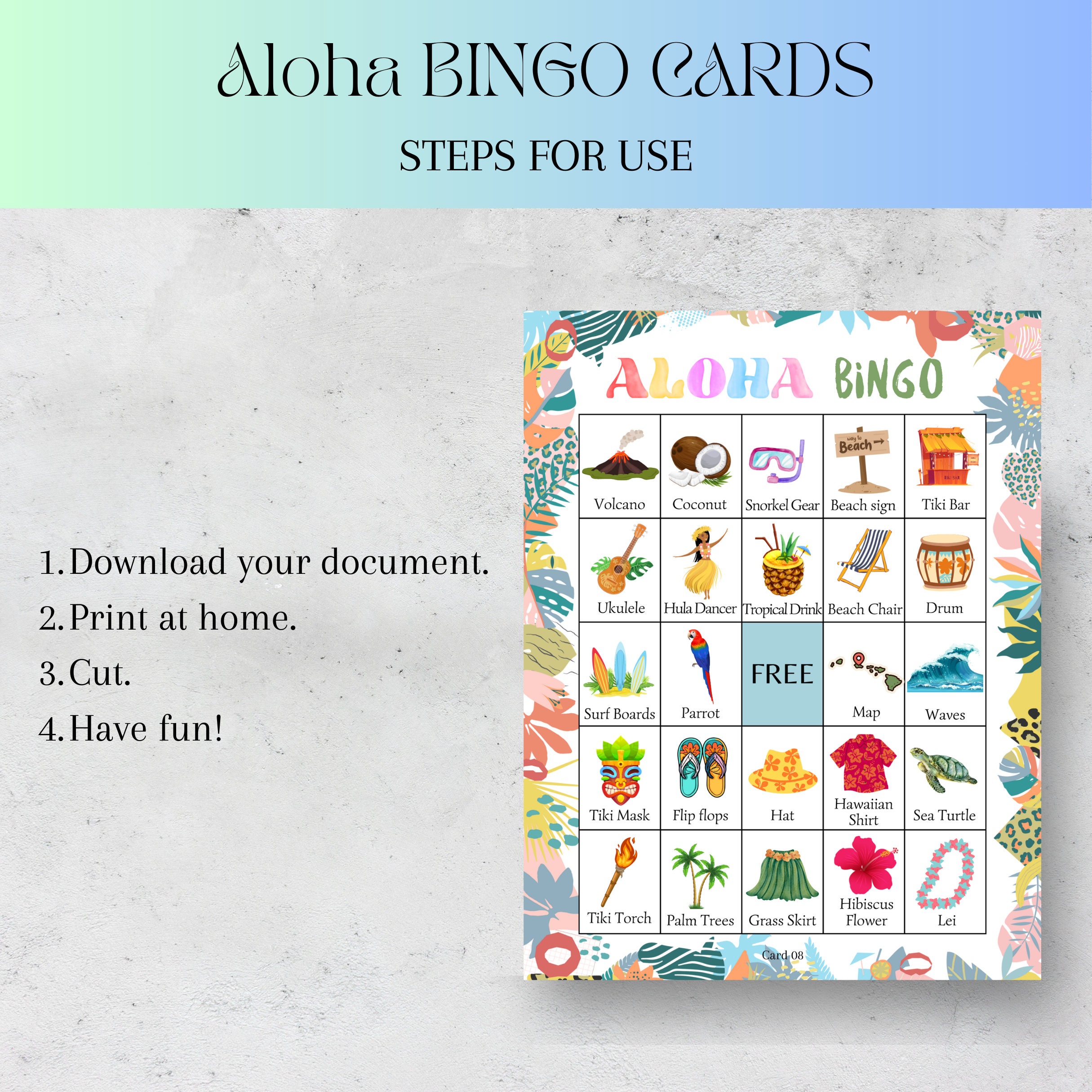 Aloha Bingo, Luau Bingo, Hawaiian Bingo, 30 Printable Luau Bingo Cards ...