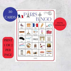 Paris Bingo, 30 Paris Bingo Cards, Road Trip Game, Travel Game, Travel ...