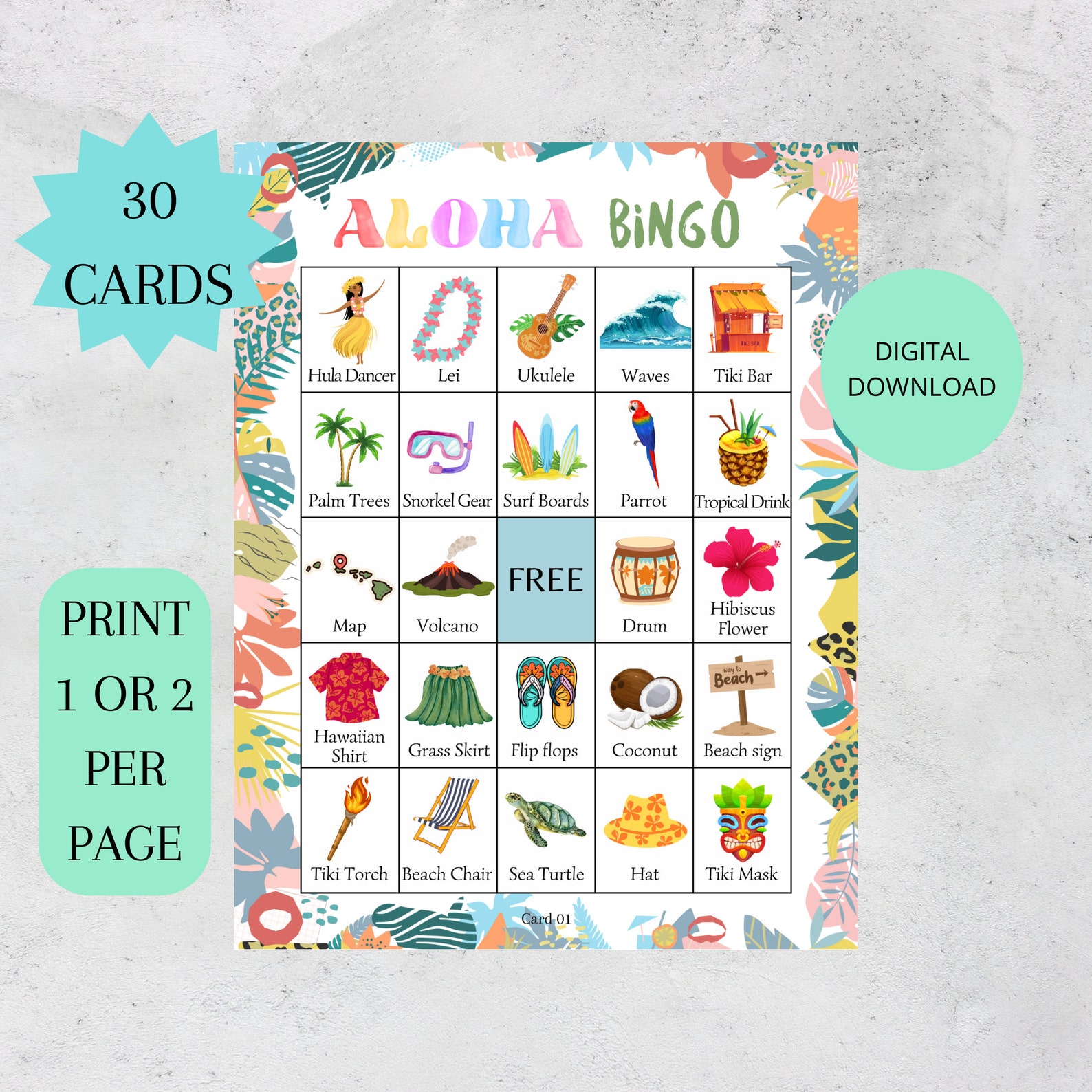 Aloha Bingo, Luau Bingo, Hawaiian Bingo, 30 Printable Luau Bingo Cards ...