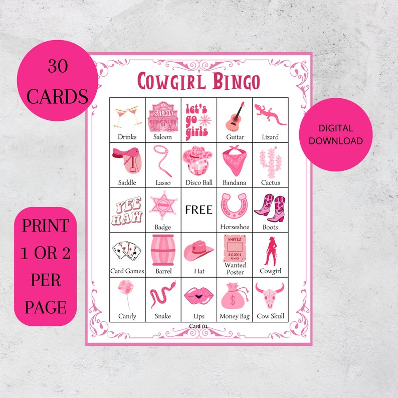 Cow Girl Bingo Cards, Printable Cow Girl Party Game, Nash Bash ...