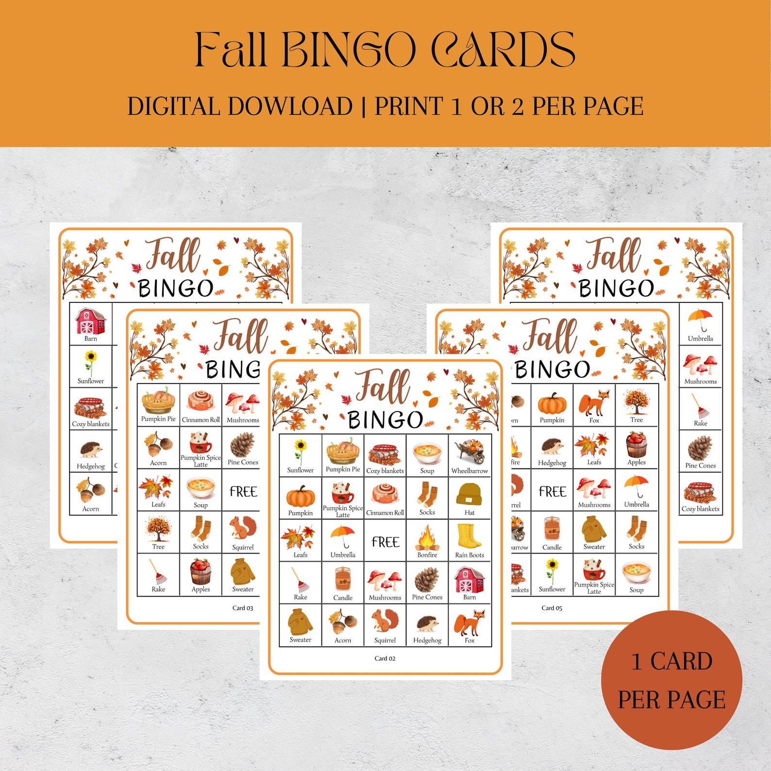 Fall Bingo, 30 Fall Bingo Cards, Fall Picture Bingo, Autumn Bingo ...