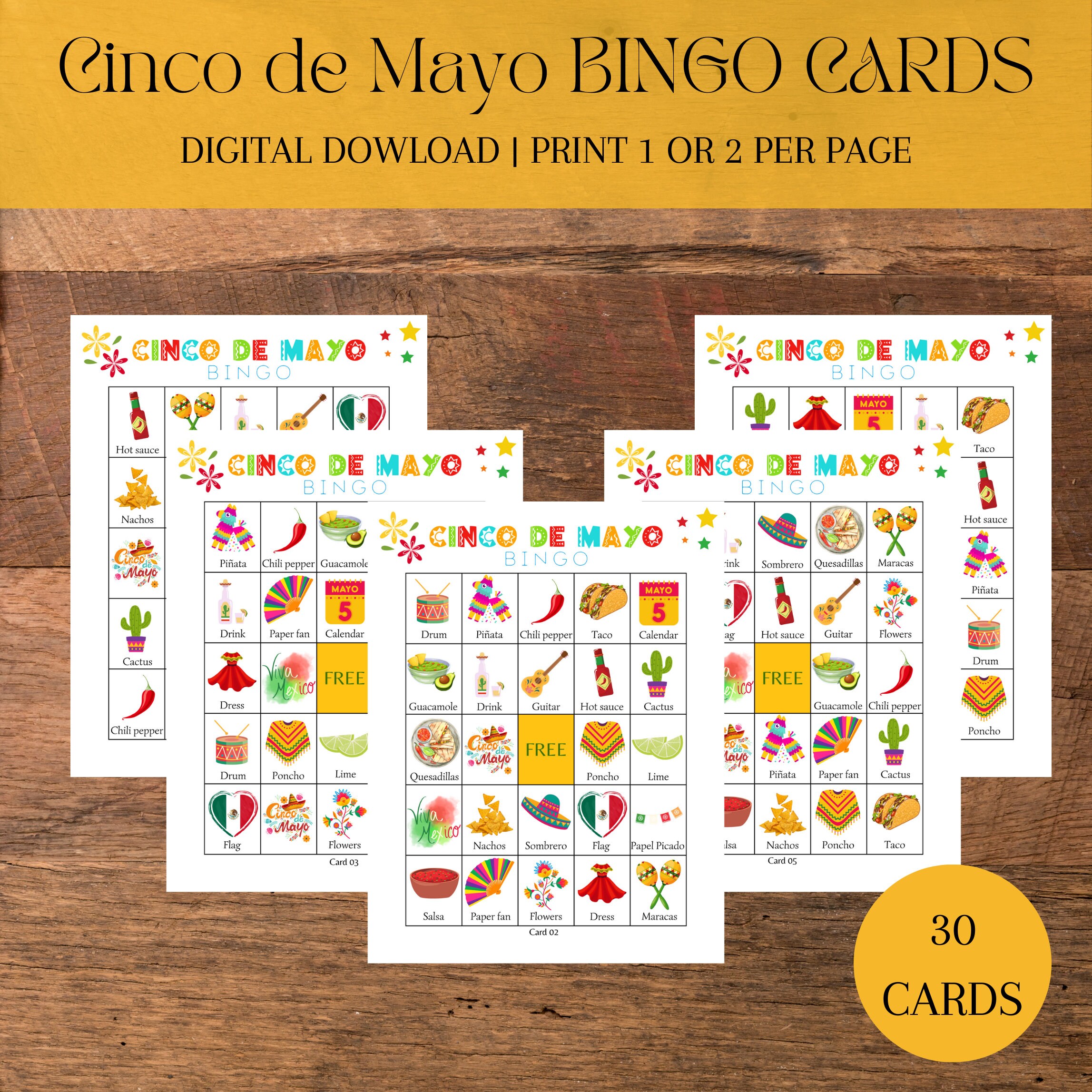 Fiesta Bingo, 30 Printable Fiesta Bingo Cards, Fiesta Activity for Kids ...