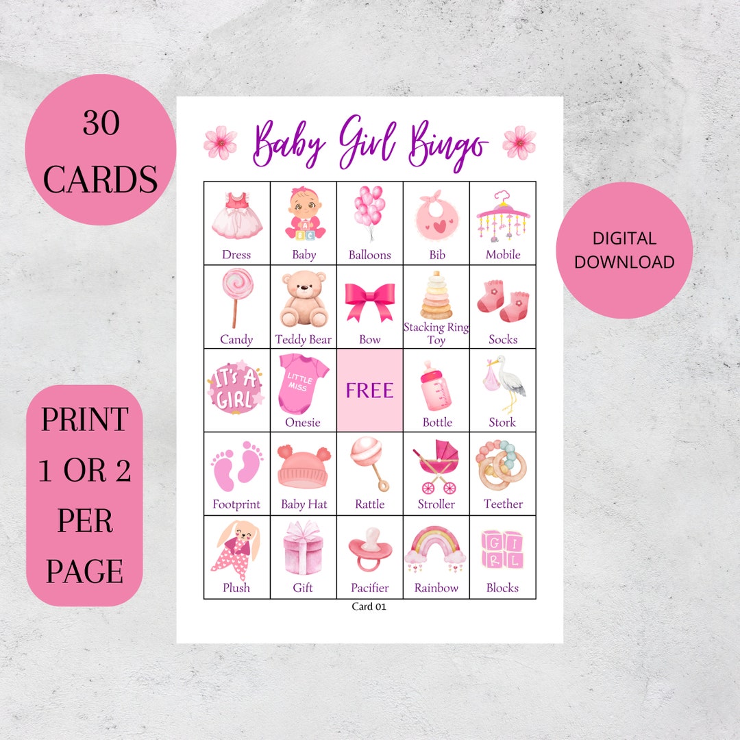 Baby Girl Bingo, 30 Baby Shower Bingo Cards, Baby Girl Shower Printable ...