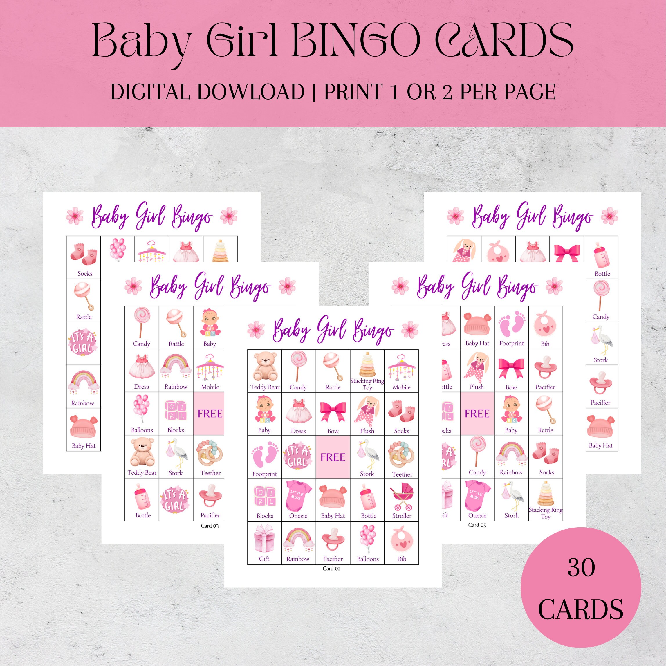 Baby Girl Bingo, 30 Baby Shower Bingo Cards, Baby Girl Shower Printable ...