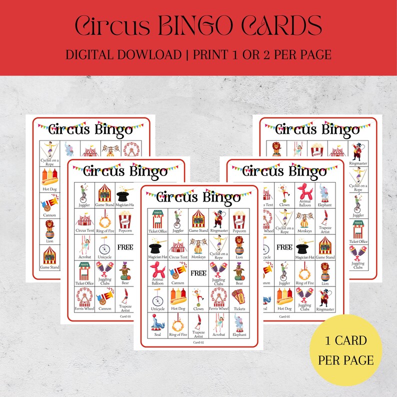 Circus Bingo, 30 Printable Circus Bingo Cards, Circus Party Game ...
