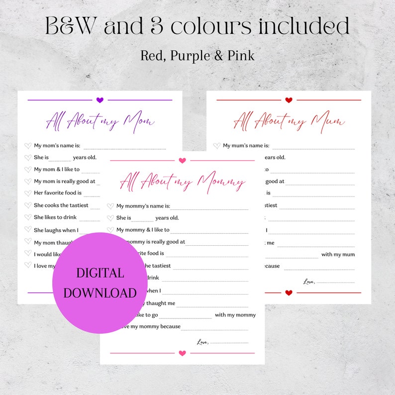 All About My Mom, Mother's Day Gift, Mother's Day Printable, Mother's ...