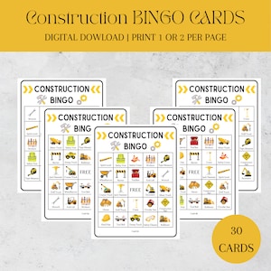 Construction Bingo, 30 Construction Bingo Cards, Construction Birthday ...