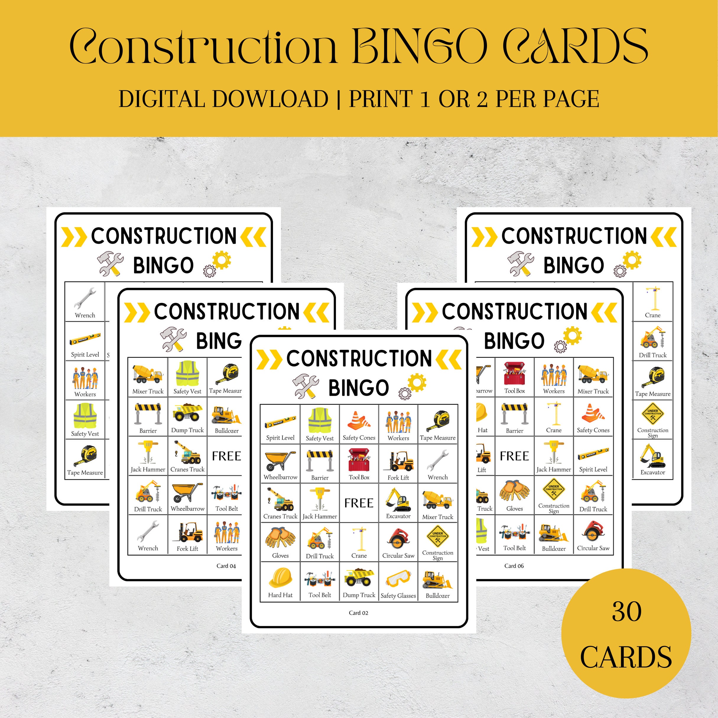 Construction Bingo, 30 Construction Bingo Cards, Construction Birthday ...