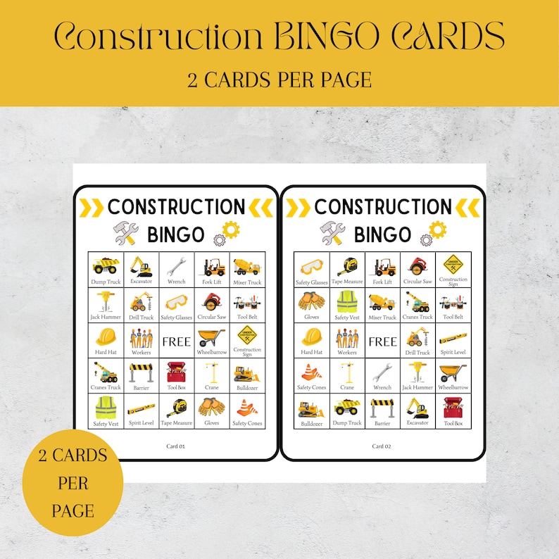 Construction Bingo, 30 Construction Bingo Cards, Construction Birthday ...
