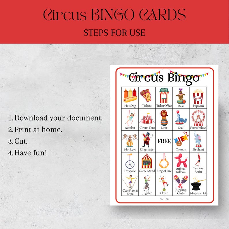 Circus Bingo, 30 Printable Circus Bingo Cards, Circus Party Game ...