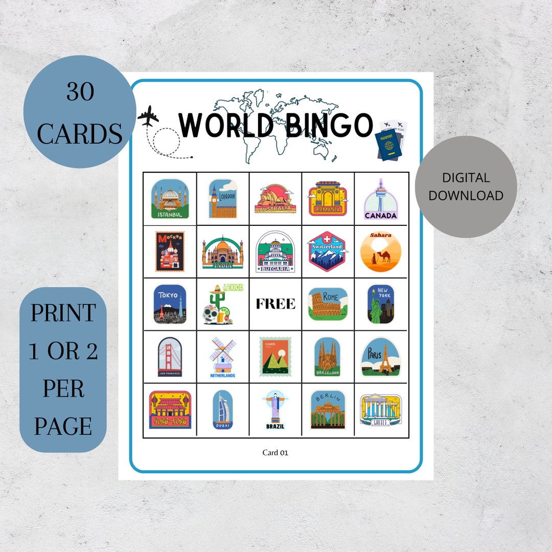 World Bingo, 30 World Bingo Cards, World Game, Travel Game, Travel ...