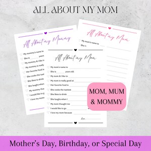 All About My Mom, Mother's Day Gift, Mother's Day Printable, Mother's ...