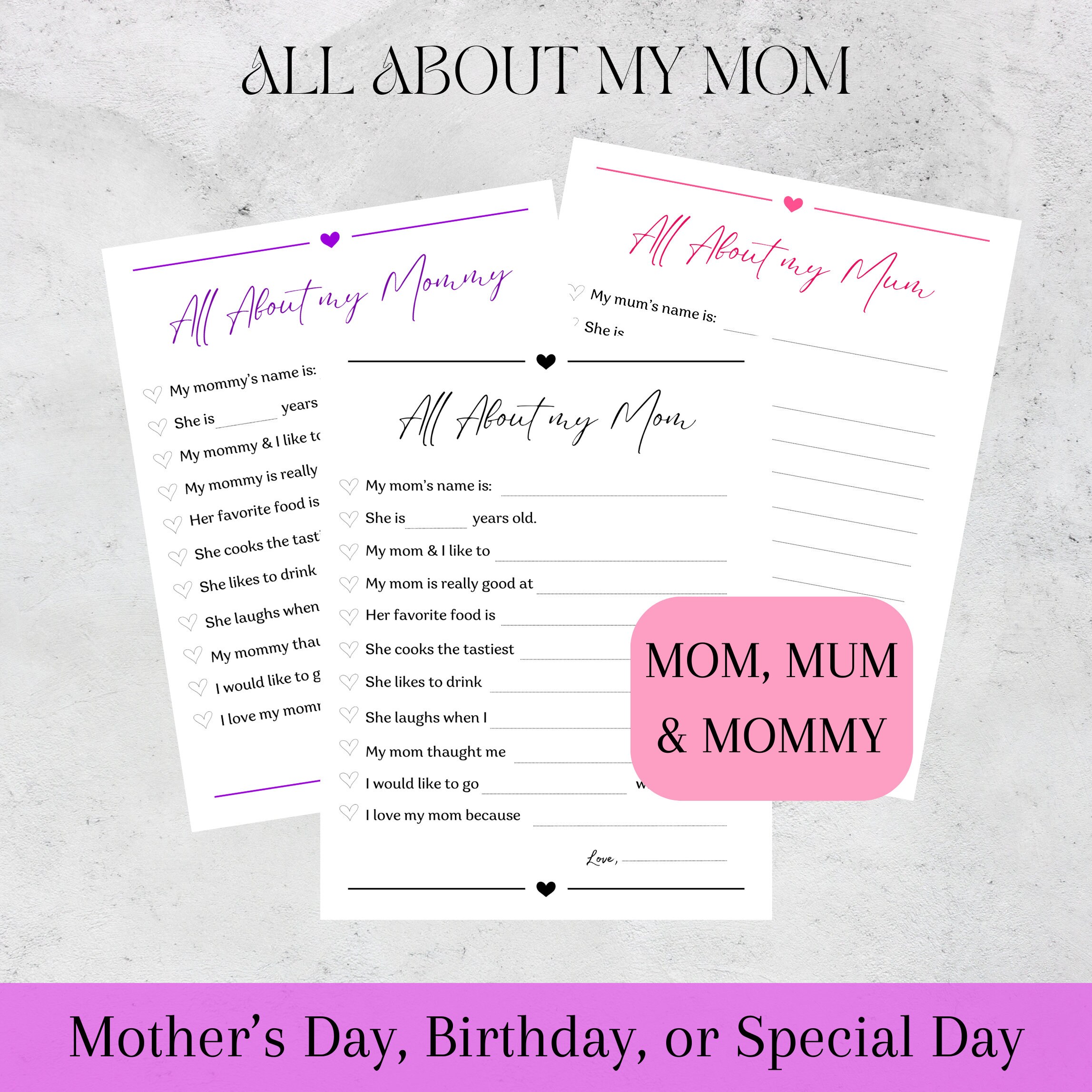 All About My Mom, Mother's Day Gift, Mother's Day Printable, Mother's ...