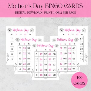 Mother's Day Bingo, 100 Mother's Day Bingo Cards, Printable Mother's ...