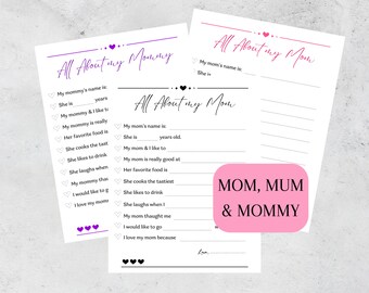 All About My Mom, Mother's Day Gift, Mother's Day Printable, Mother's ...