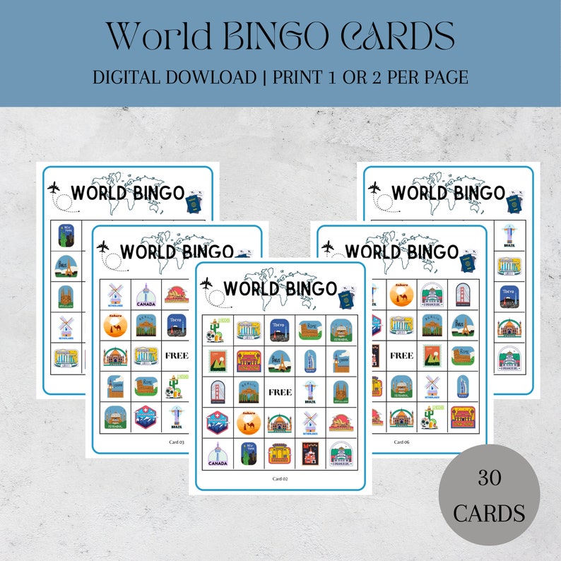World Bingo, 30 World Bingo Cards, World Game, Travel Game, Travel ...