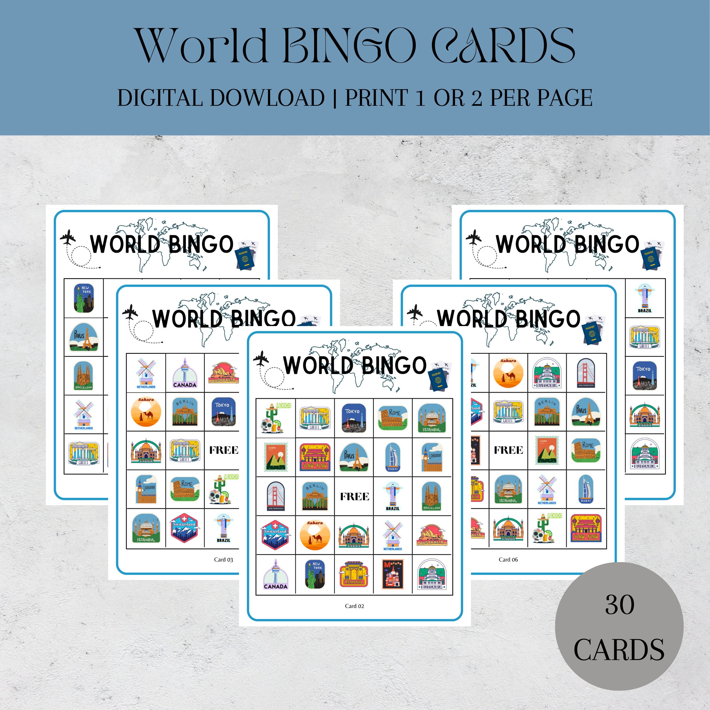 World Bingo, 30 World Bingo Cards, World Game, Travel Game, Travel ...