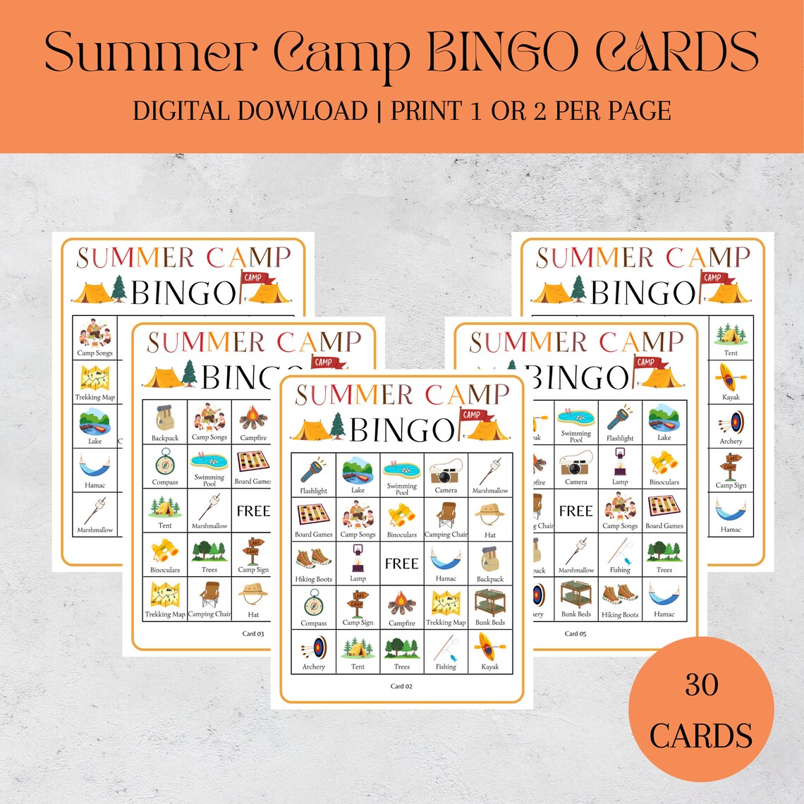Summer Camp Bingo, 30 Summer Camp Bingo Cards, Summer Camp Game, Camp ...