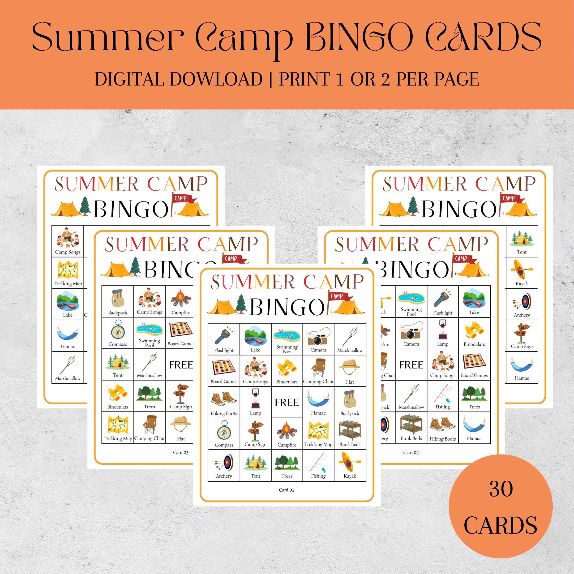 Summer Camp Bingo, 30 Summer Camp Bingo Cards, Summer Camp Game, Camp ...