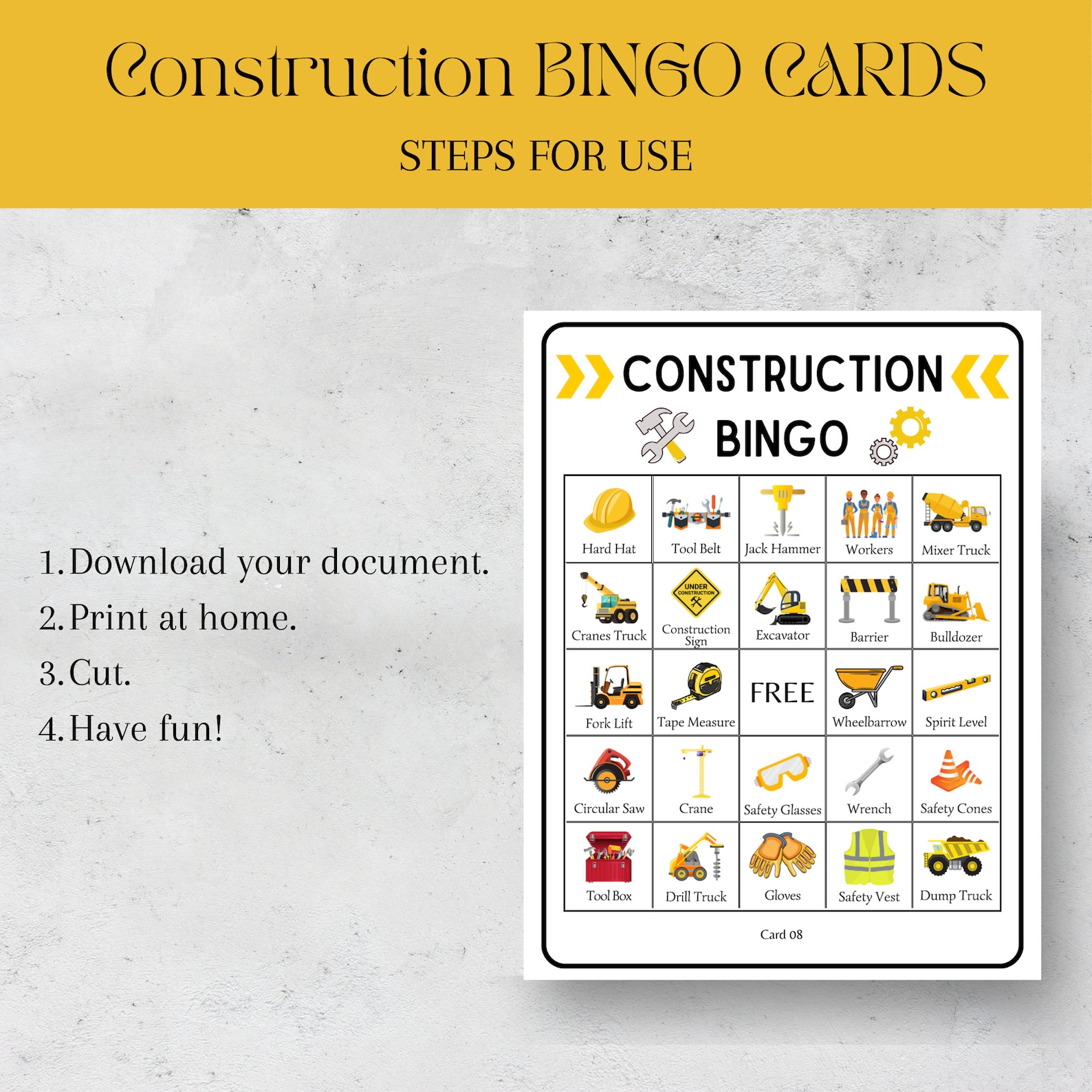 Construction Bingo, 30 Construction Bingo Cards, Construction Birthday ...