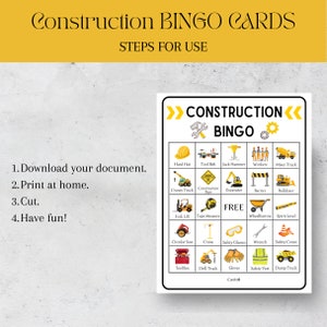 Construction Bingo, 30 Construction Bingo Cards, Construction Birthday ...