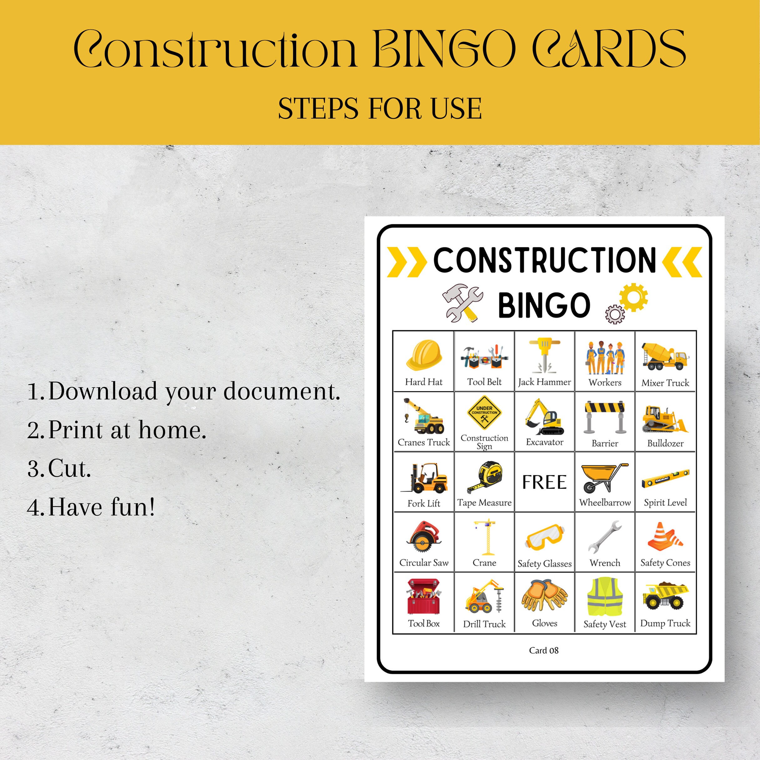 Construction Bingo, 30 Construction Bingo Cards, Construction Birthday ...