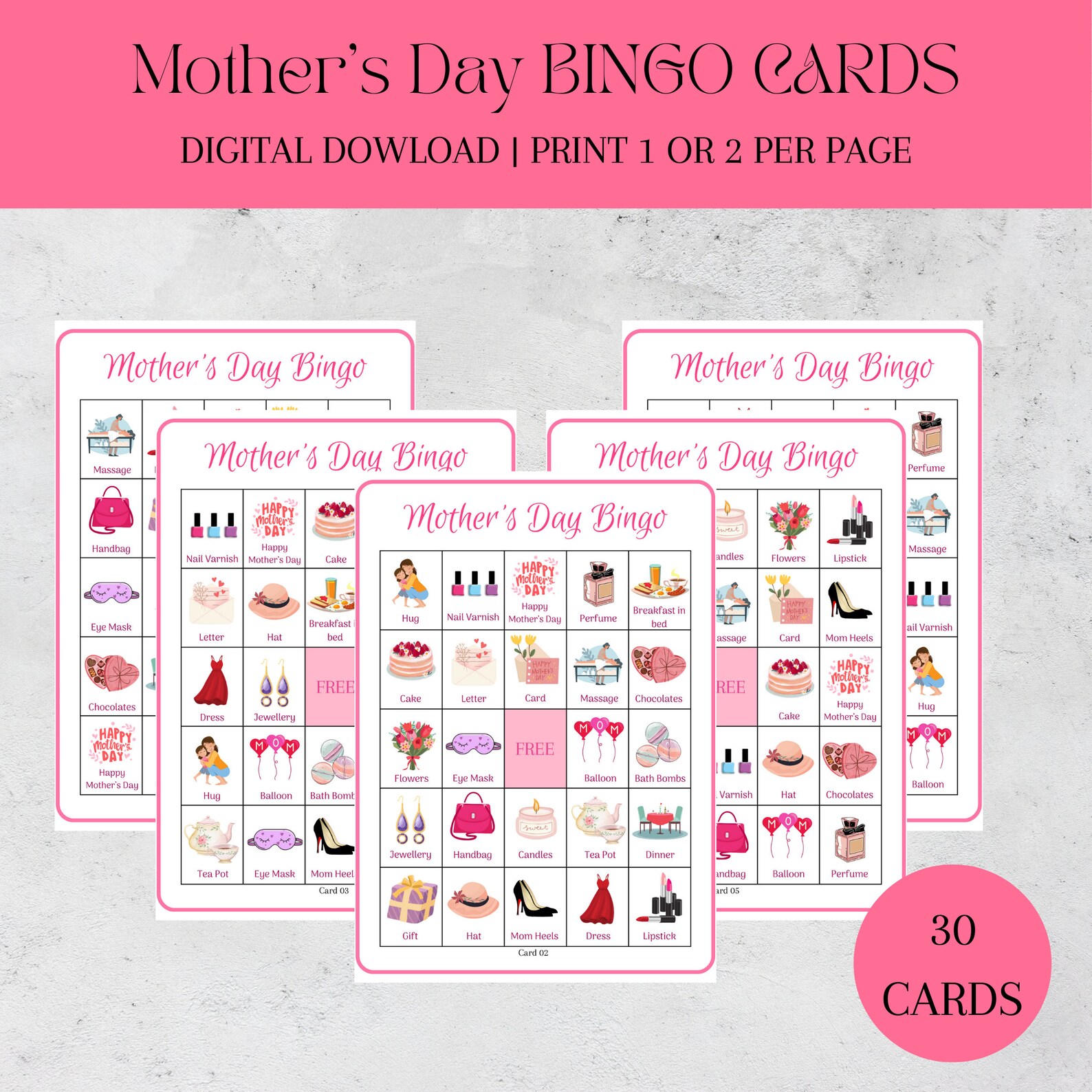 Printable Mother's Day Bingo, 30 Mother's Day Bingo Cards, Mother's Day ...