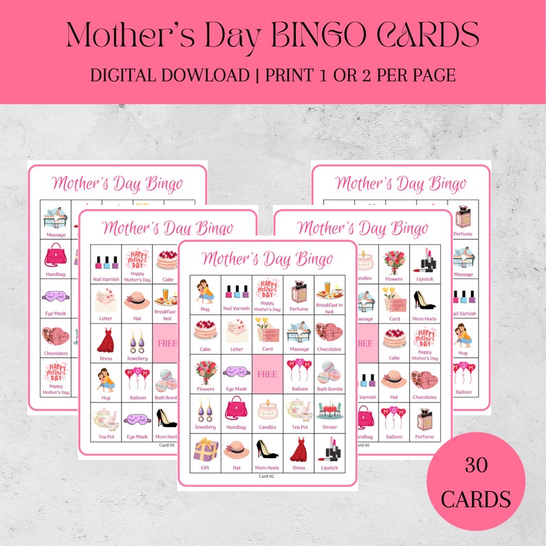 Printable Mother's Day Bingo, 30 Mother's Day Bingo Cards, Mother's Day ...