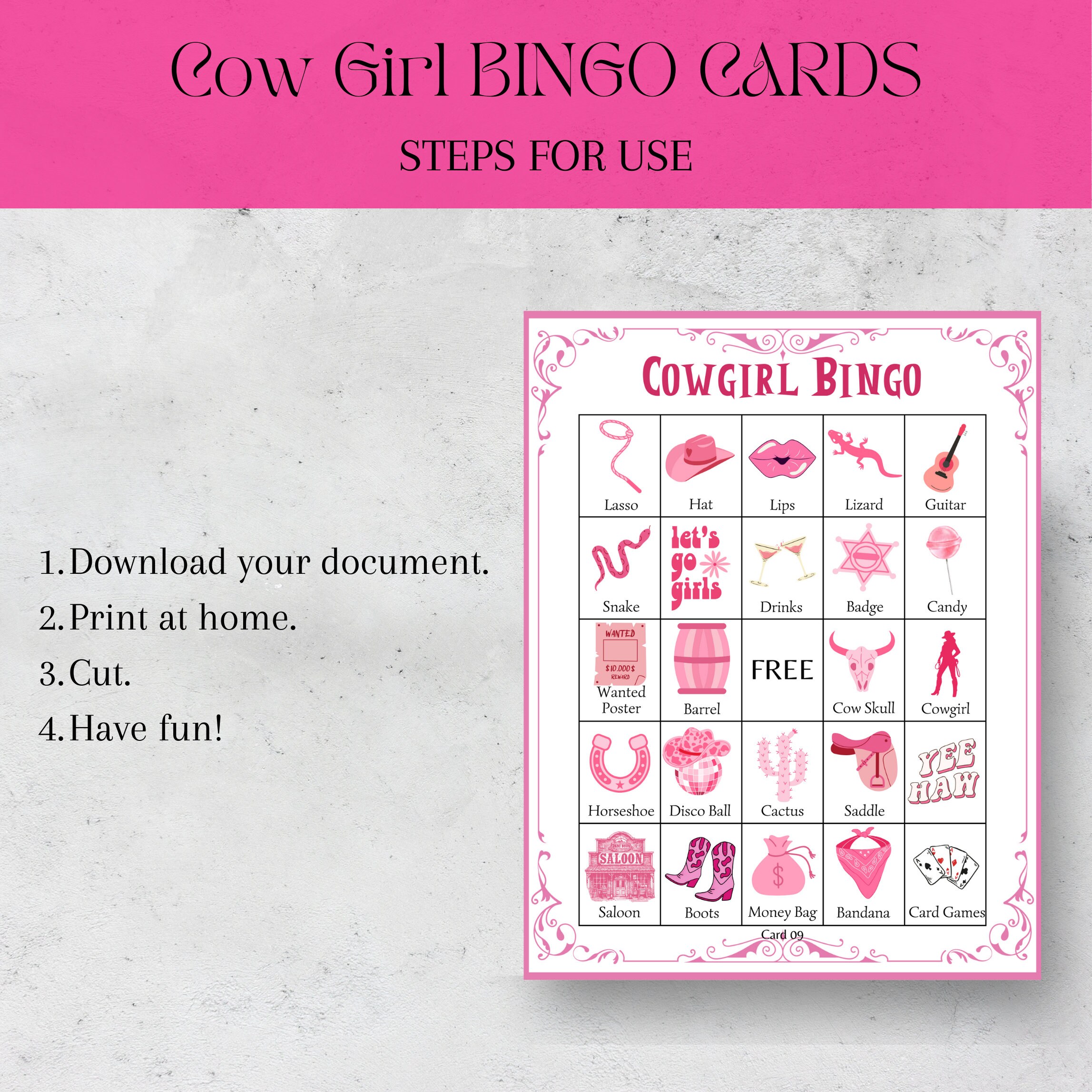 Cow Girl Bingo Cards, Printable Cow Girl Party Game, Nash Bash ...