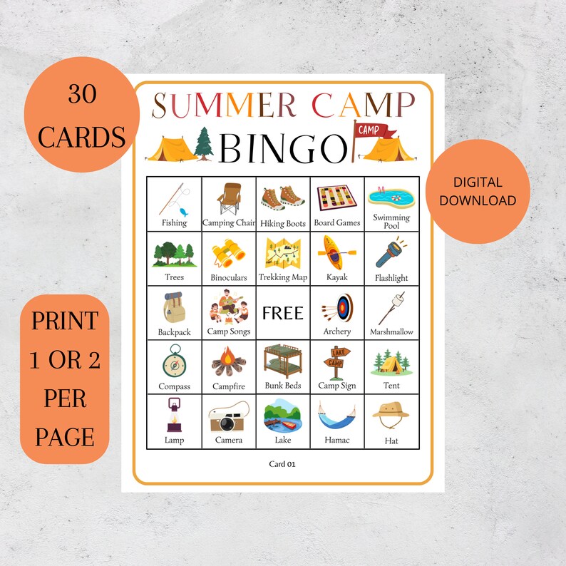 Summer Camp Bingo, 30 Summer Camp Bingo Cards, Summer Camp Game, Camp ...