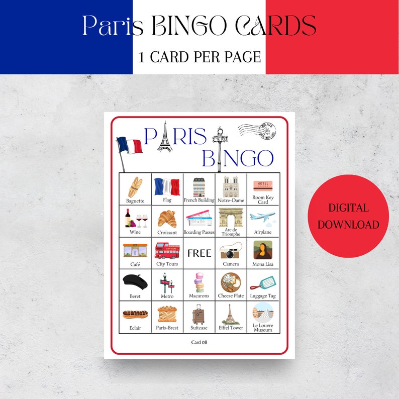 Paris Bingo, 30 Paris Bingo Cards, Road Trip Game, Travel Game, Travel ...