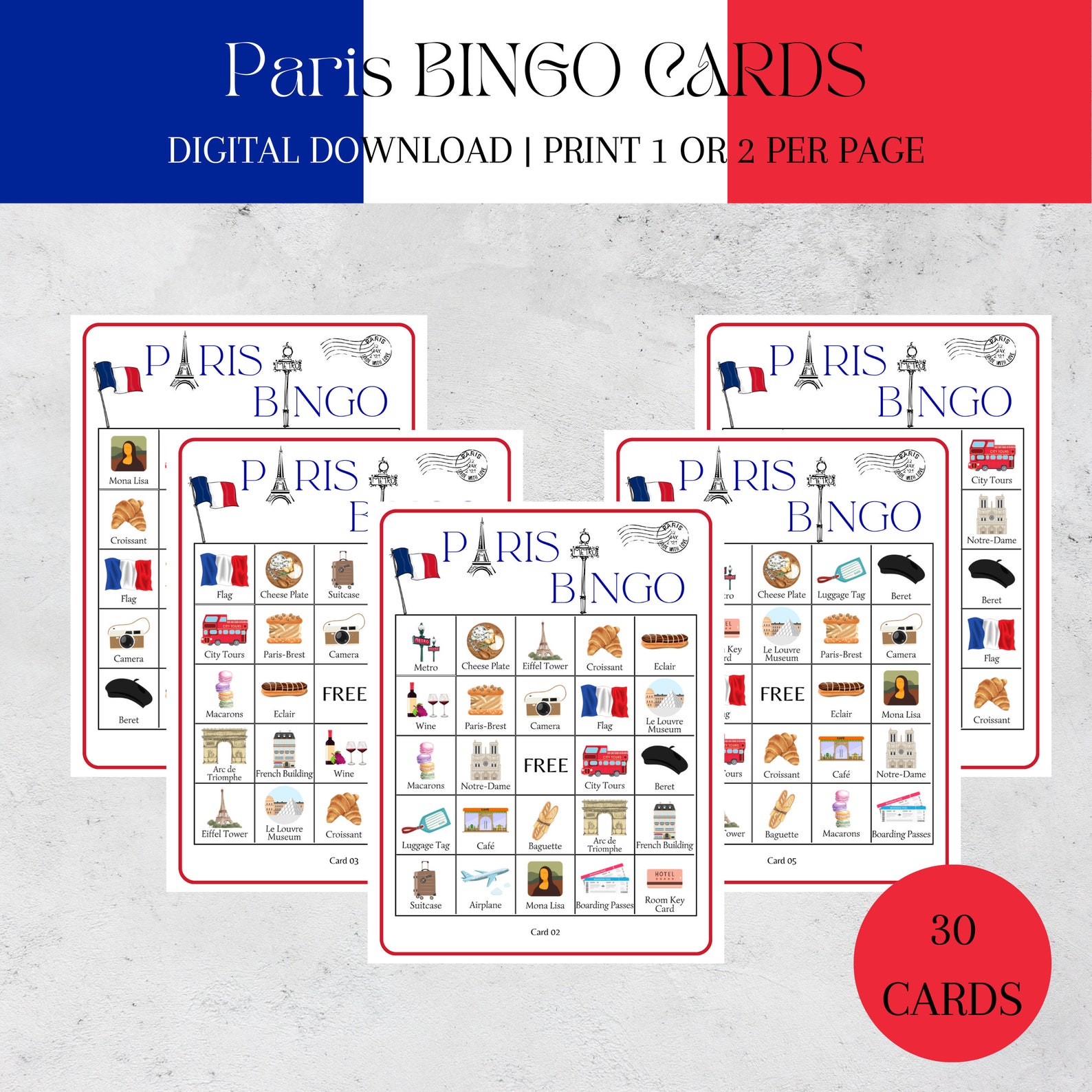 Paris Bingo, 30 Paris Bingo Cards, Road Trip Game, Travel Game, Travel ...